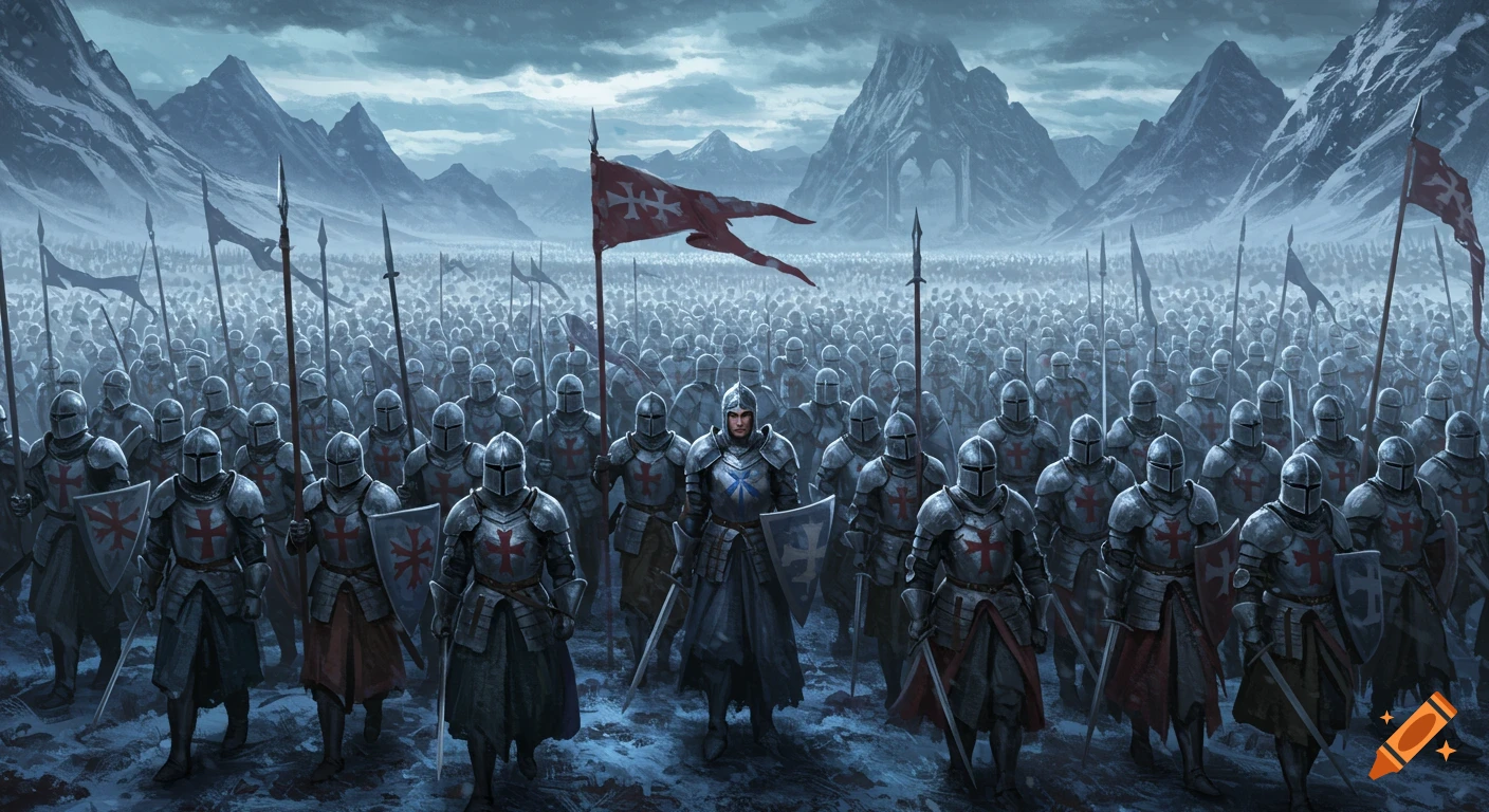 An army of knights in armor stands in formation in a snowy, mountainous ...