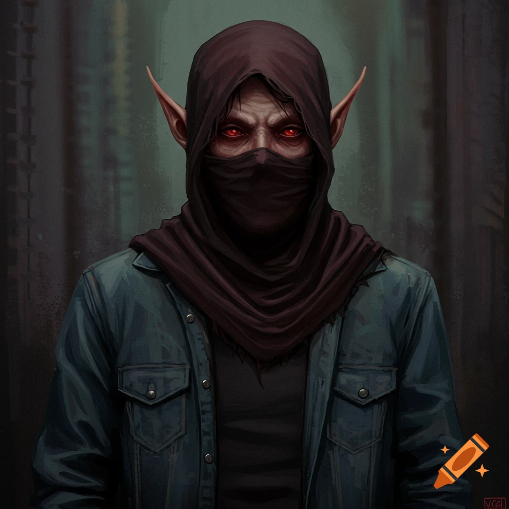 Portrait of a fantasy character with pointed ears, red eyes, and a cowl ...