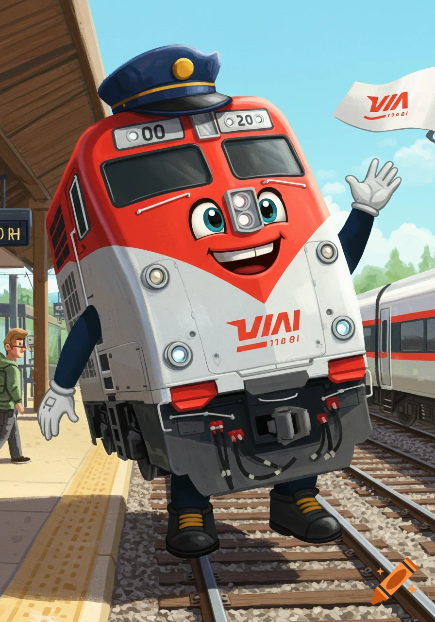 A cartoon train mascot wearing a conductor's hat stands on tracks at a ...