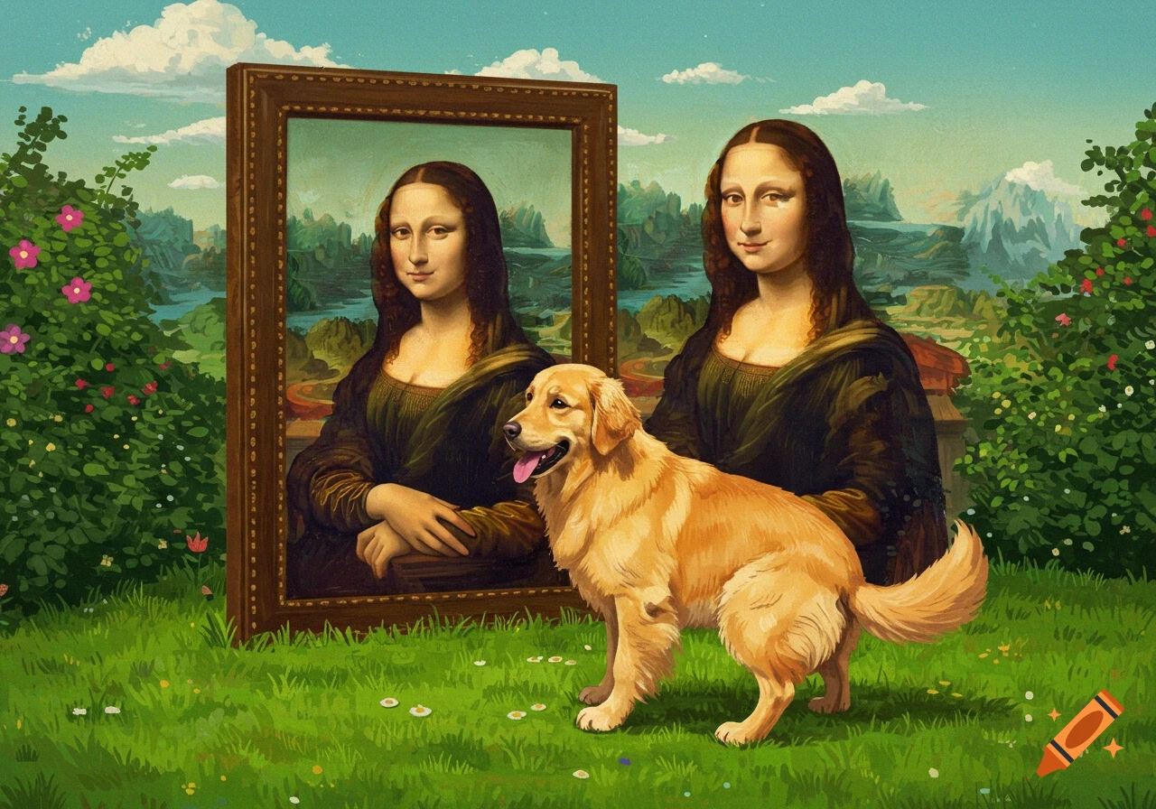 Golden Retriever dog in a garden with two Mona Lisa paintings on Craiyon