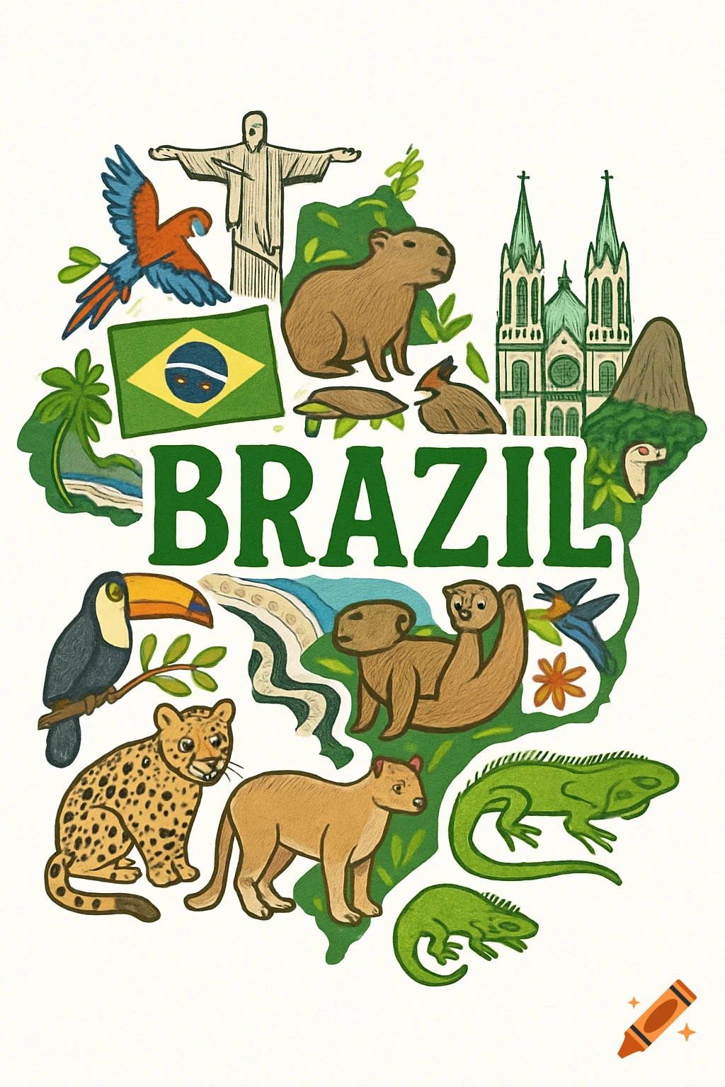Stylized illustration of the map of Brazil filled with landmarks and ...