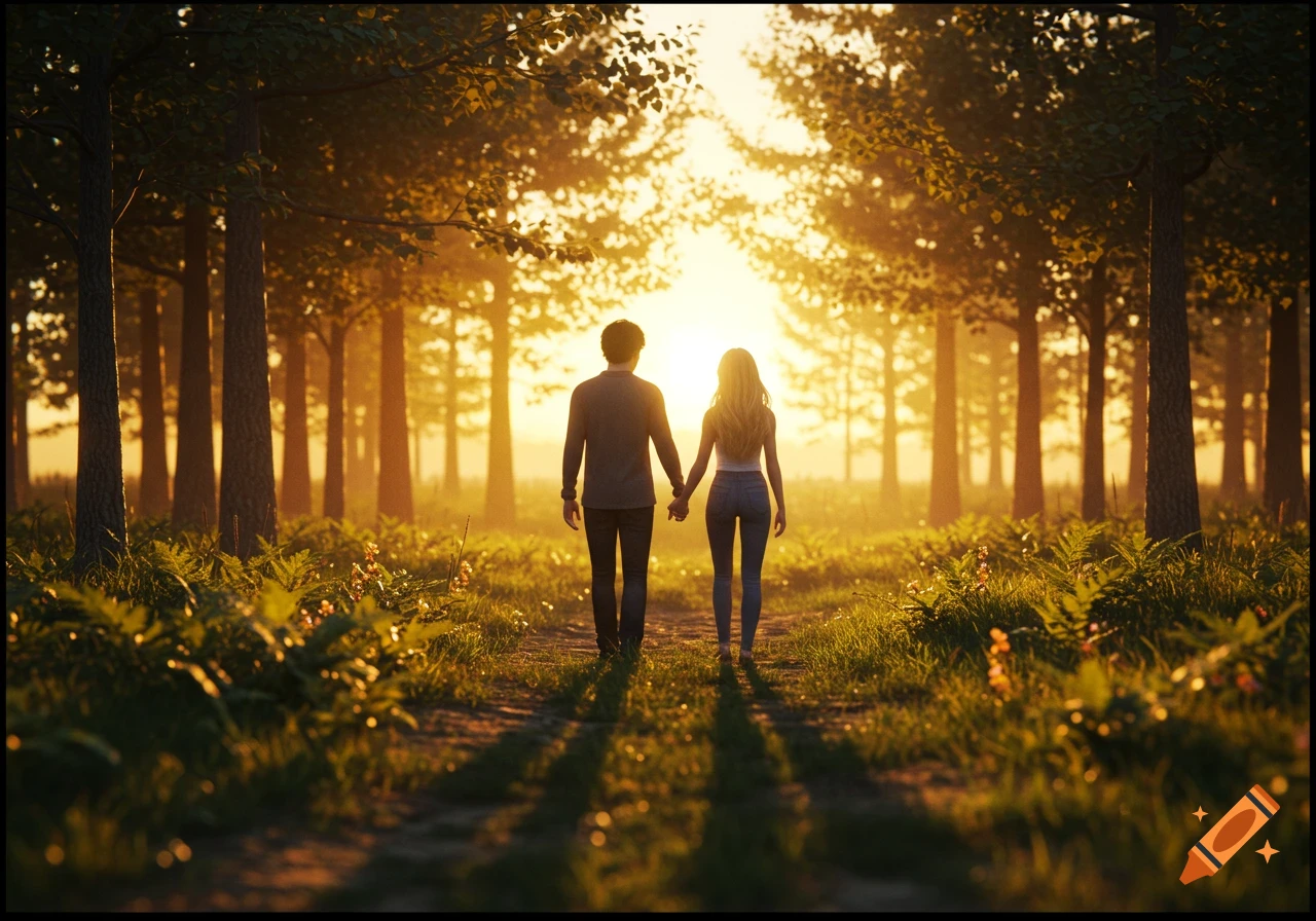 A couple walks hand-in-hand down a forest path at sunset. on Craiyon