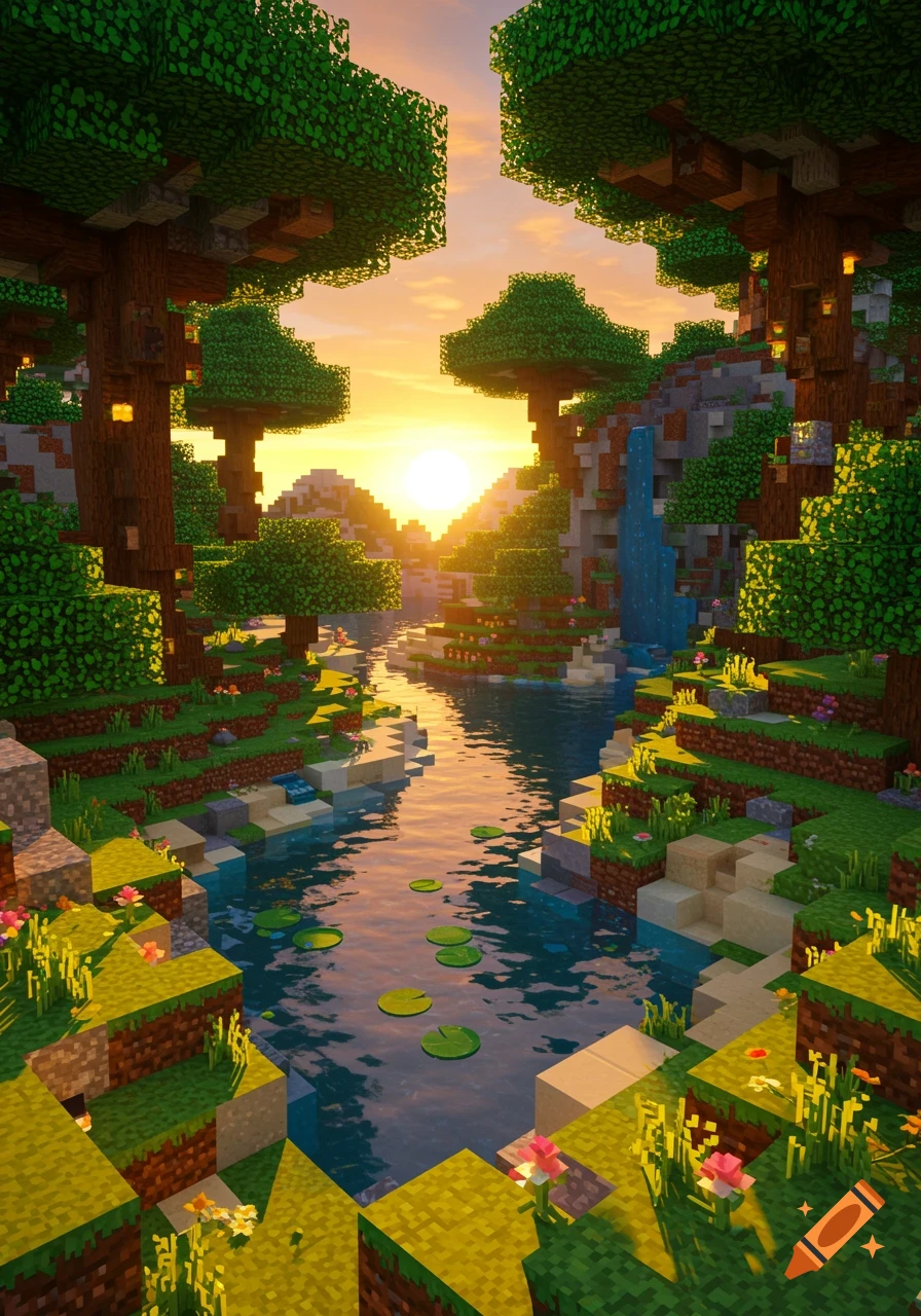 Minecraft landscape with a river, trees, and a waterfall under a sunset ...