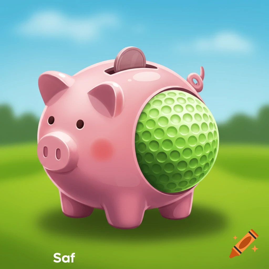 Illustrative pink piggy bank with a green golf ball inside, coin ...