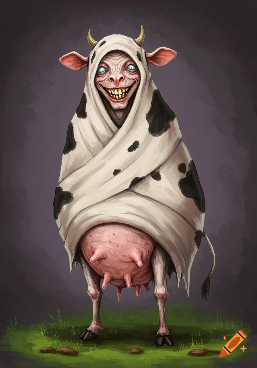 A grotesque cow-like creature wrapped in its large udder, standing on ...