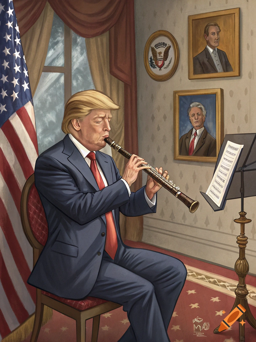 Illustration of a man resembling Donald Trump playing a clarinet in a ...