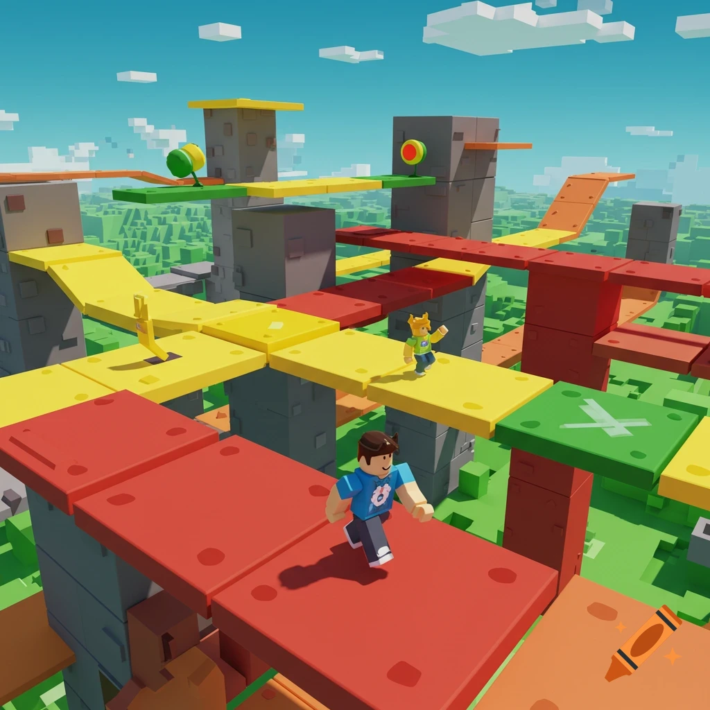Blocky characters navigate a colorful obstacle course in a voxel game ...
