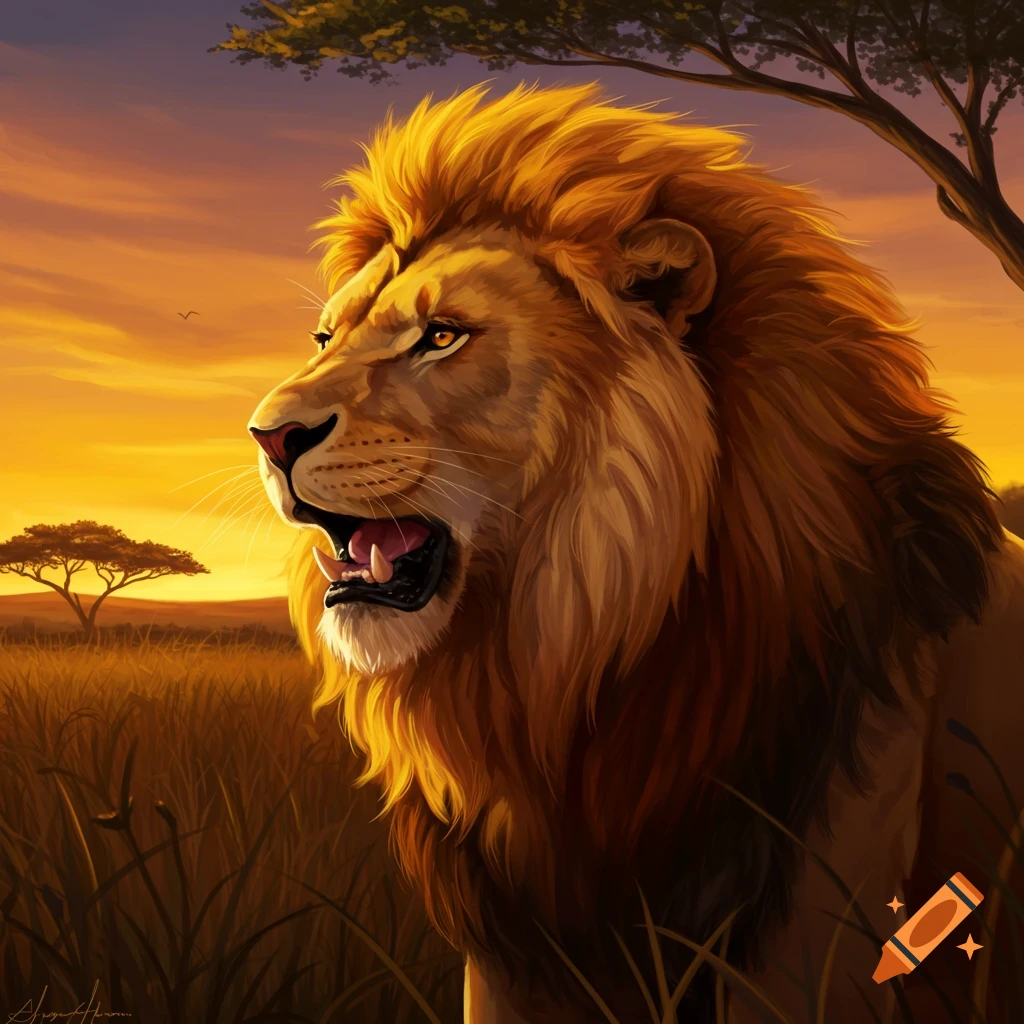 A golden furry lion roars in a savanna landscape at sunset, digital ...