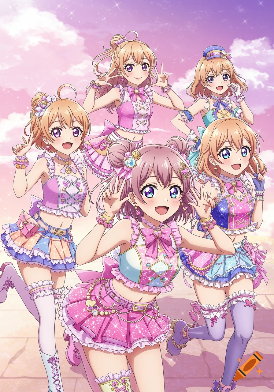 Five anime idol girls in colorful outfits pose against a pink and ...
