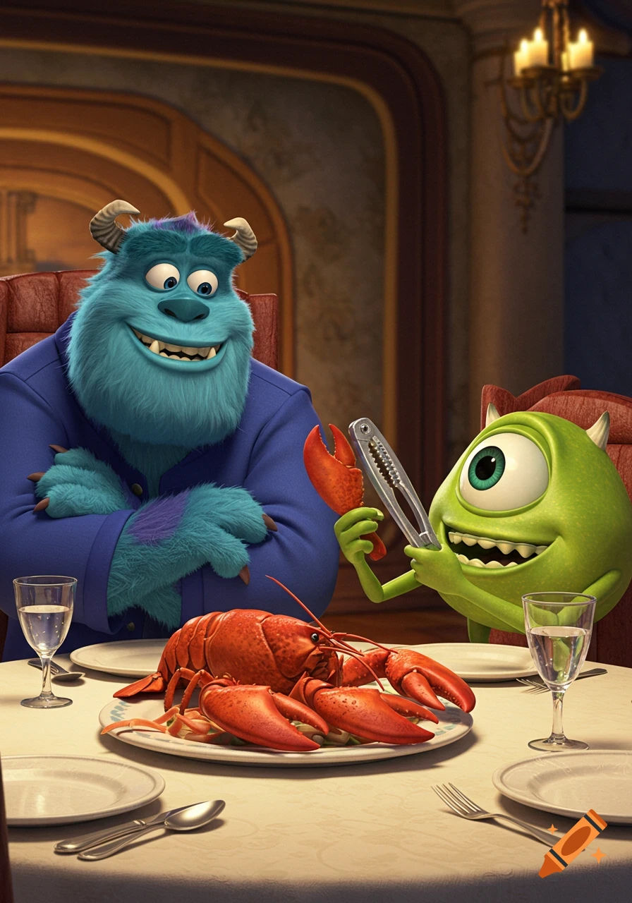 Sulley and Mike Wazowski sit at a dinner table with a large lobster on ...