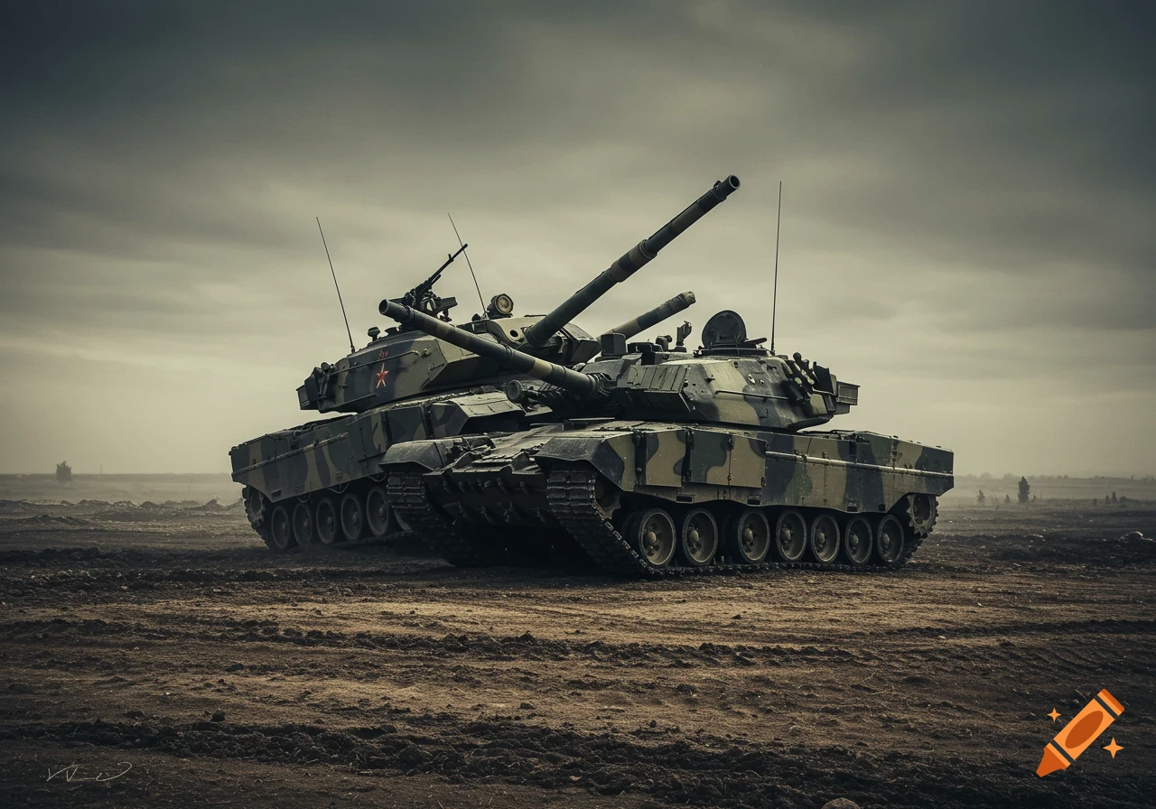 Two camouflage military tanks stand close together on a dirt field ...