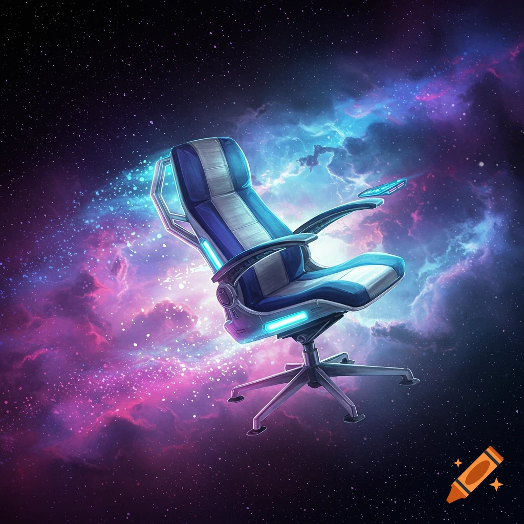A futuristic blue and grey chair floats in space with nebulae and stars ...