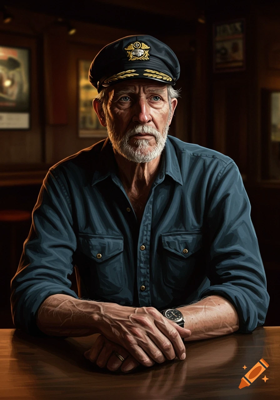 An old boat captain sits at a dark bar. on Craiyon