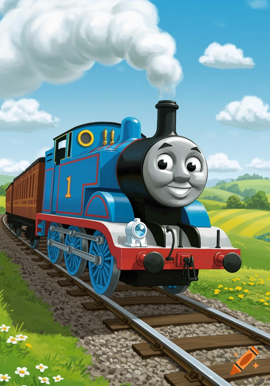 An illustration of Thomas the Tank Engine on railroad tracks in a sunny field. on Craiyon