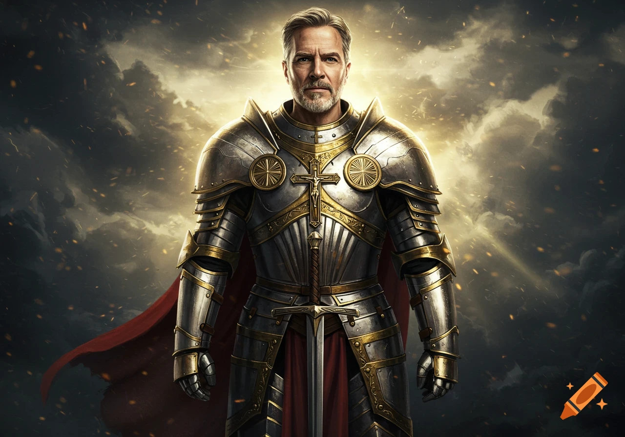 A stern-faced man in shining silver and gold armor with a red cape ...