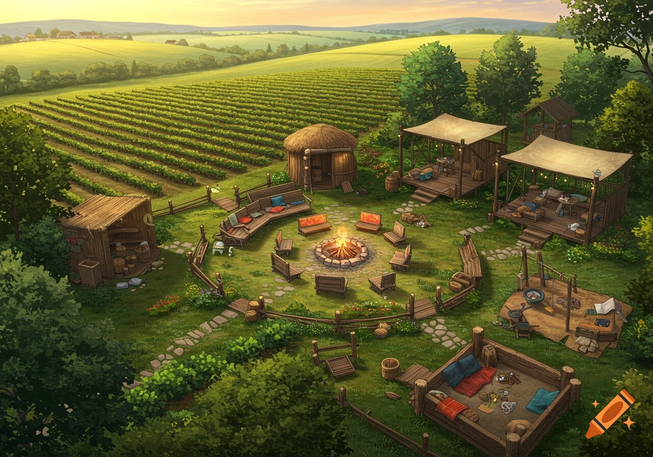 Illustrated aerial view of a rural property with vineyard, bonfire pit ...