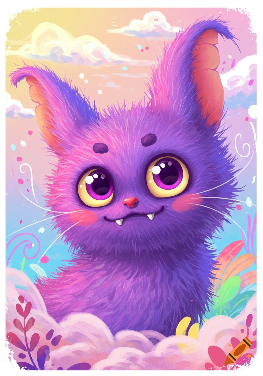 A cute, fluffy purple creature with big eyes smiles in a colorful ...