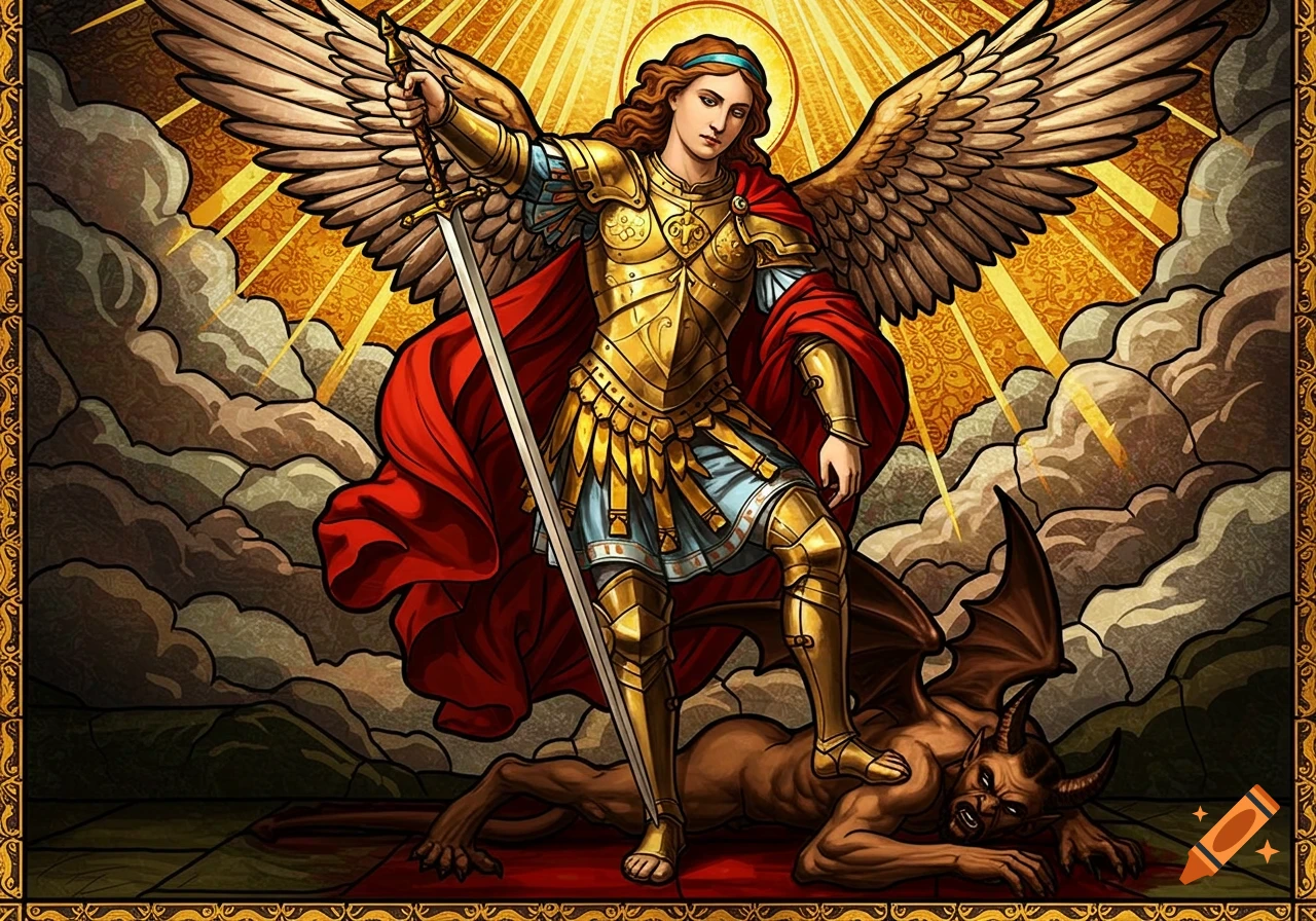 Illustration of Saint Michael the Archangel defeating the Devil in a stained glass style. on Craiyon