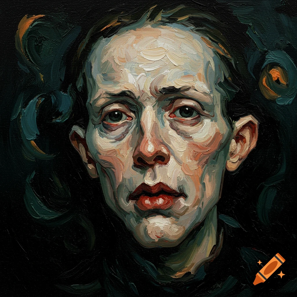 Post-impressionist painting of a distorted face against a dark ...
