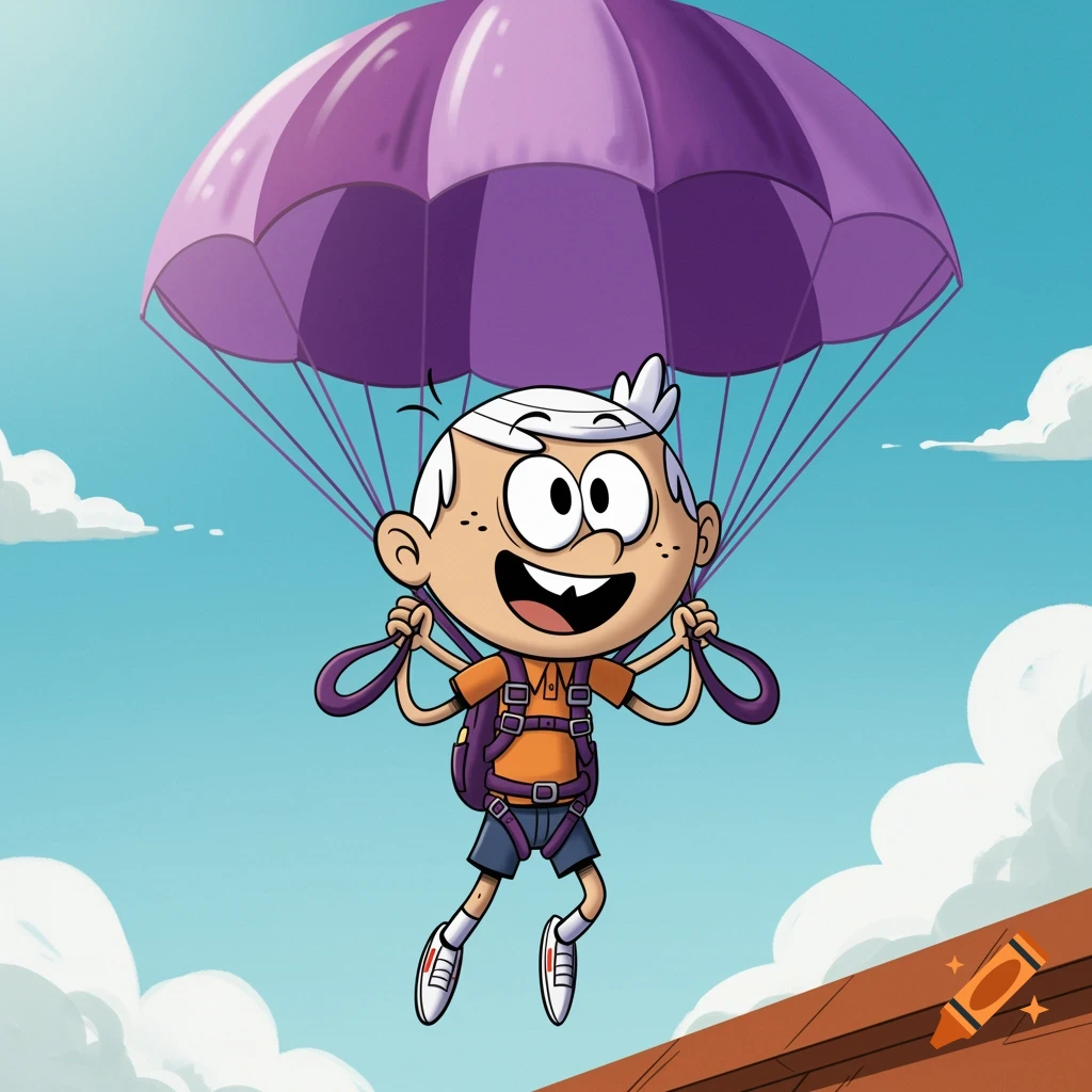 Lincoln Loud parachuting with a purple parachute on Craiyon