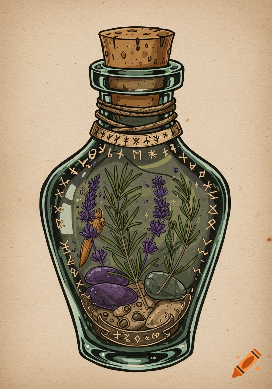 Illustration of a spell bottle with plants, stones, and magical symbols ...