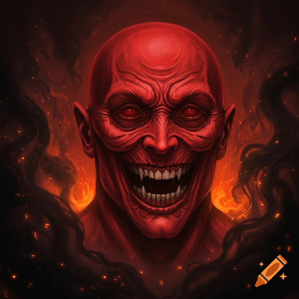 A scary, detailed portrait of a red-skinned, bald demon with glowing ...
