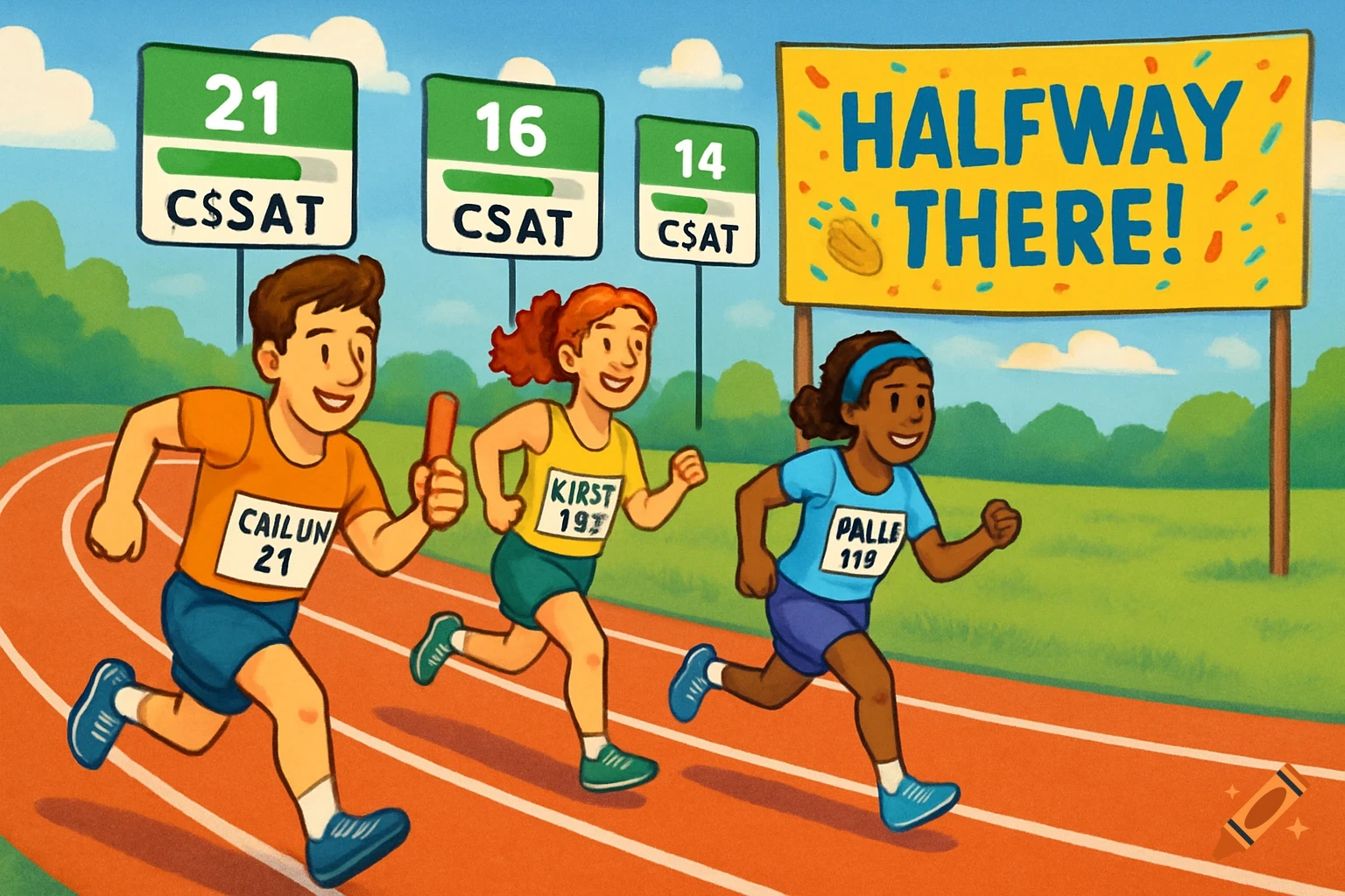 Cartoon illustration of three runners in a relay race on a track with ...