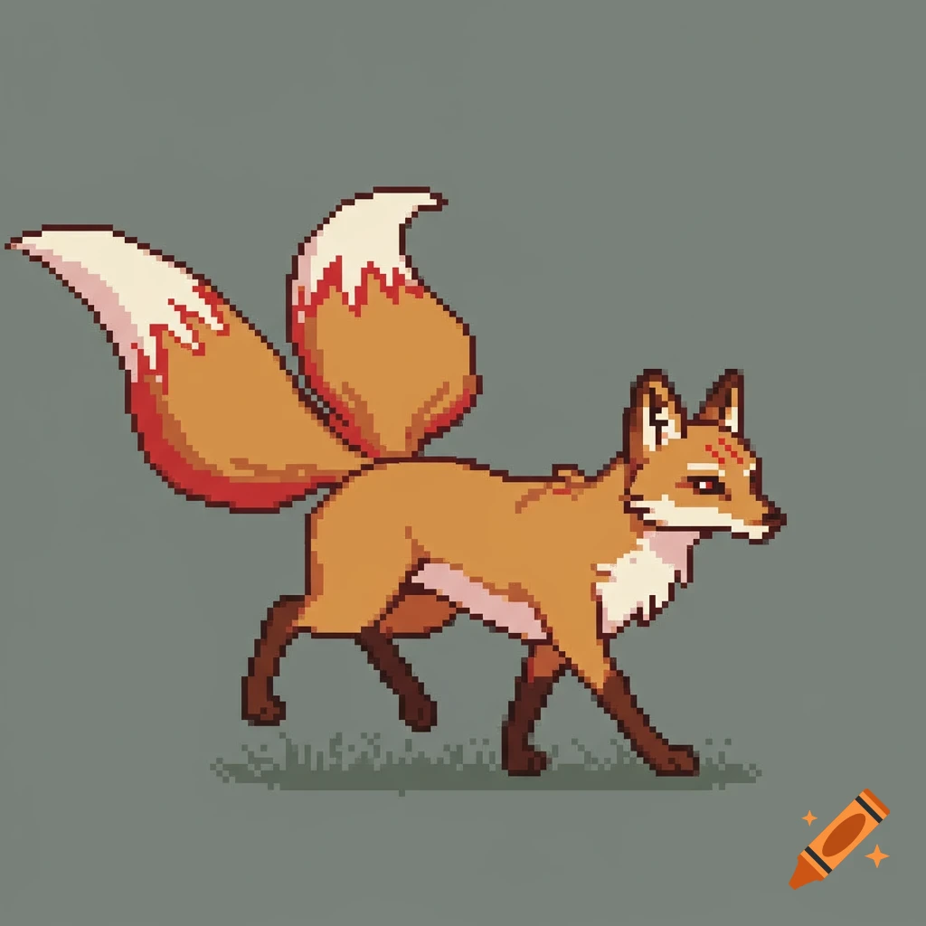 Pixel art of a two-tailed fox spirit walking to the right. on Craiyon