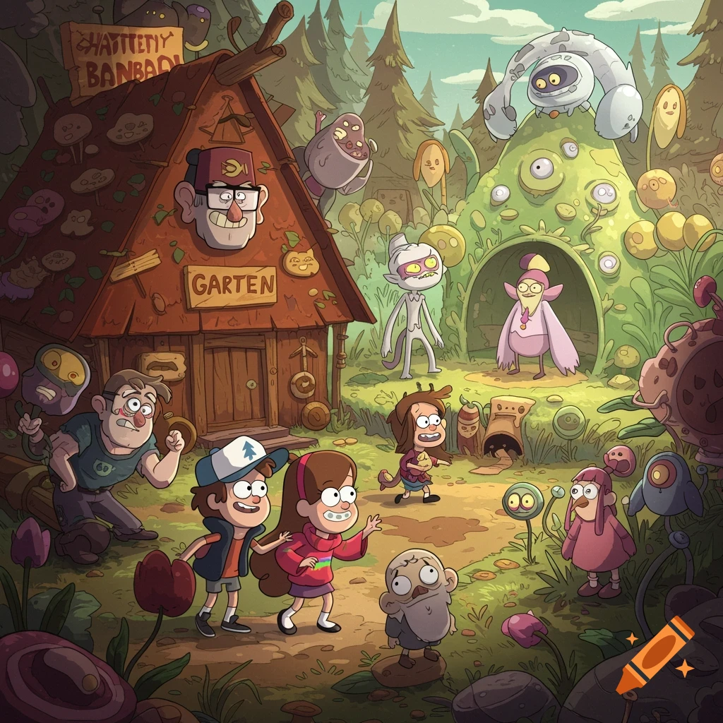 Cartoon crossover art of Gravity Falls characters Dipper, Mabel, and ...