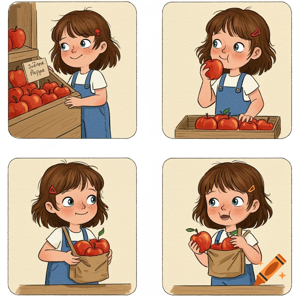 Illustrated sequence of a girl picking and eating apples. on Craiyon