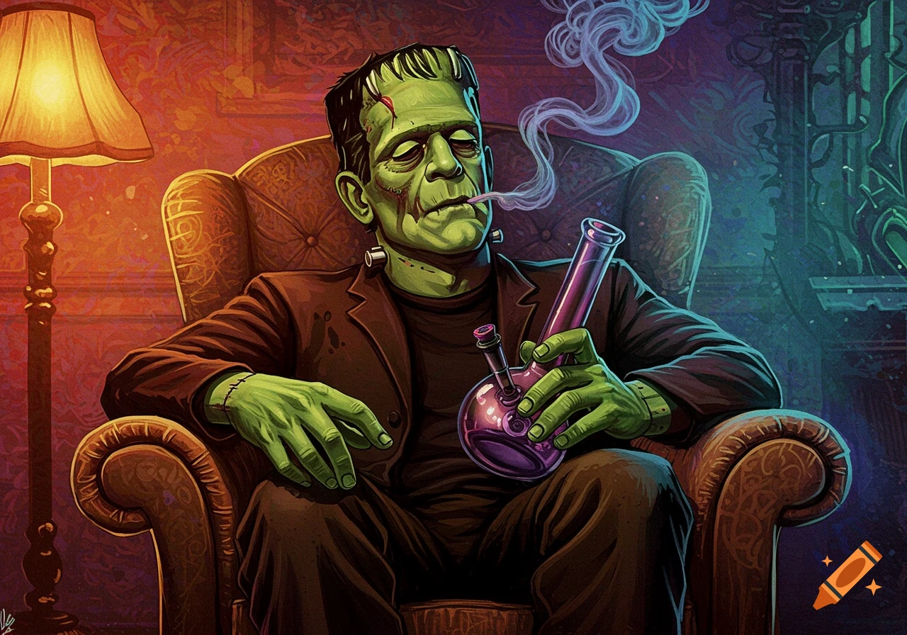 Frankenstein monster sits in an armchair smoking a bong, in an ...