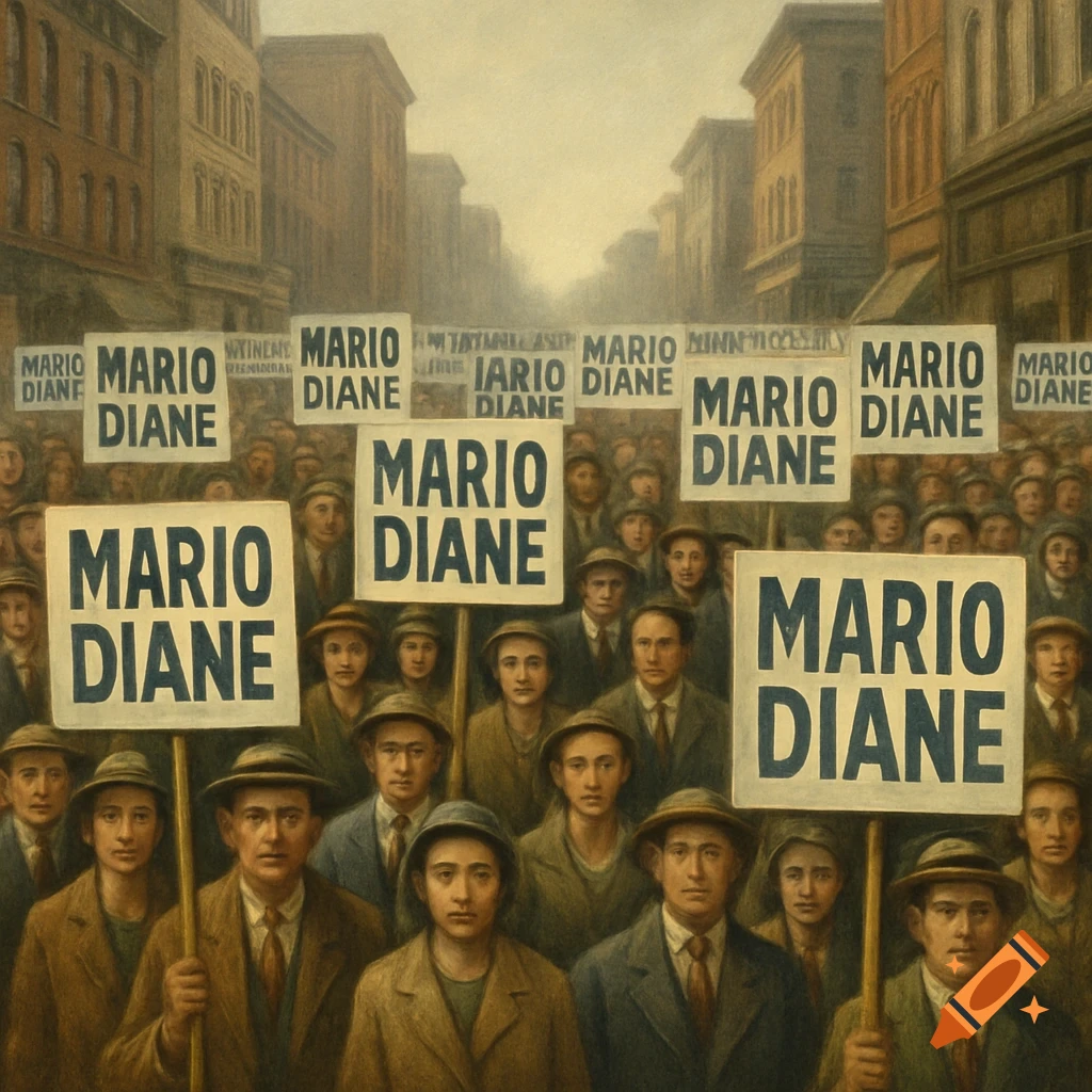 Painting of a crowd holding signs that say Mario Diane on a street in a ...
