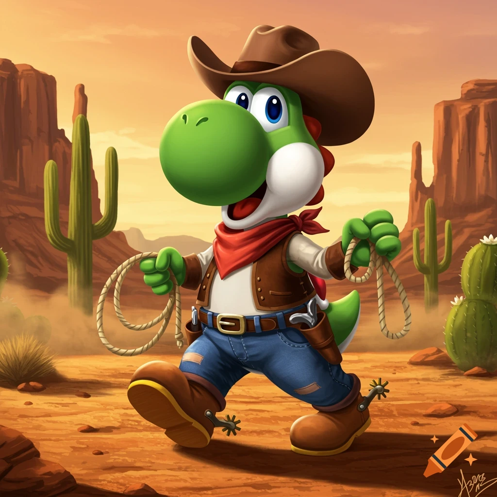 Yoshi dressed as a cowboy walks through a desert landscape holding a ...