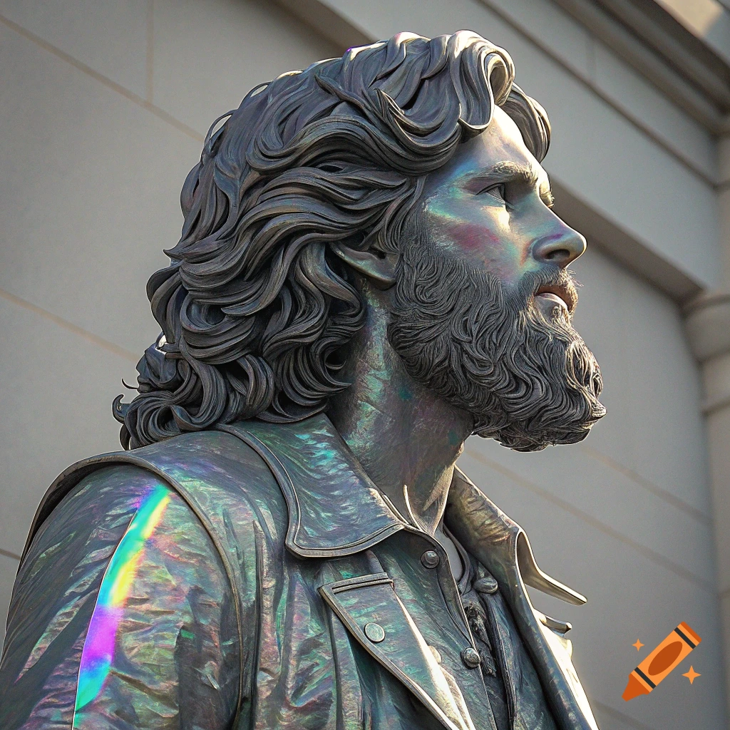 Close-up of an iridescent metallic statue of a bearded man with wavy ...