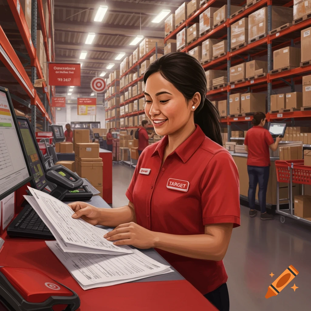 Woman in a red Target shirt looking at papers in a warehouse. on Craiyon