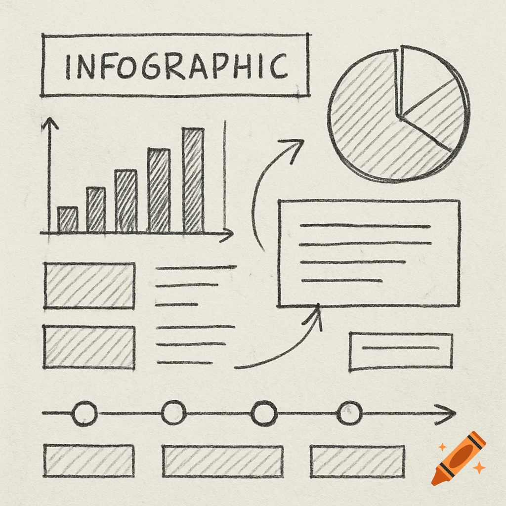 A sketch of an infographic with charts, diagrams, and timelines. on Craiyon