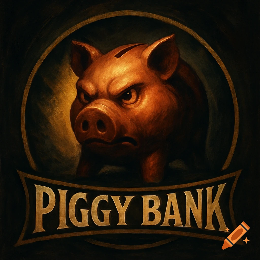 Dramatic illustration of an angry piggy bank logo with text 'PIGGY BANK ...