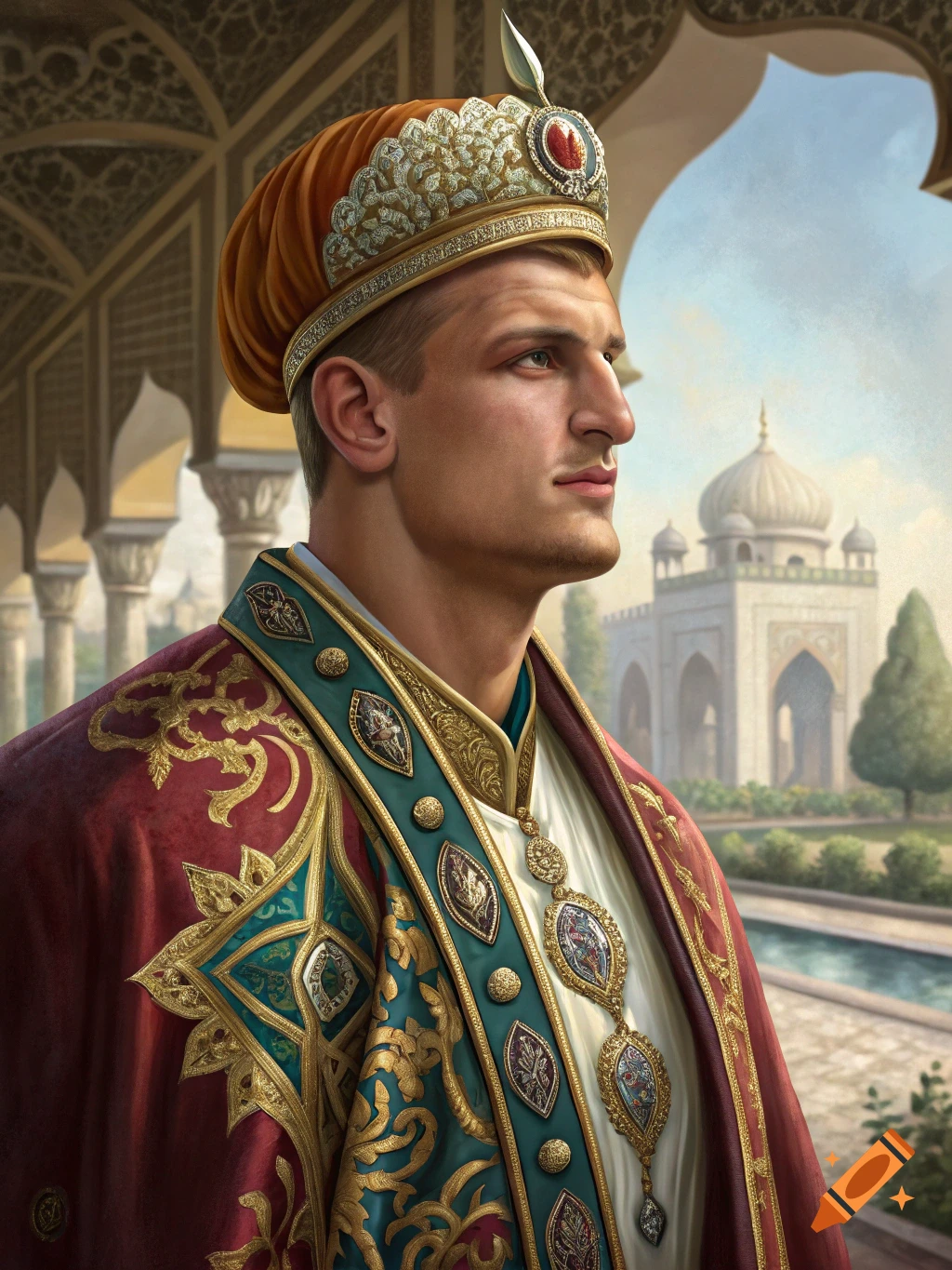 Portrait of a man wearing a sultan's turban and elaborate robes in a ...