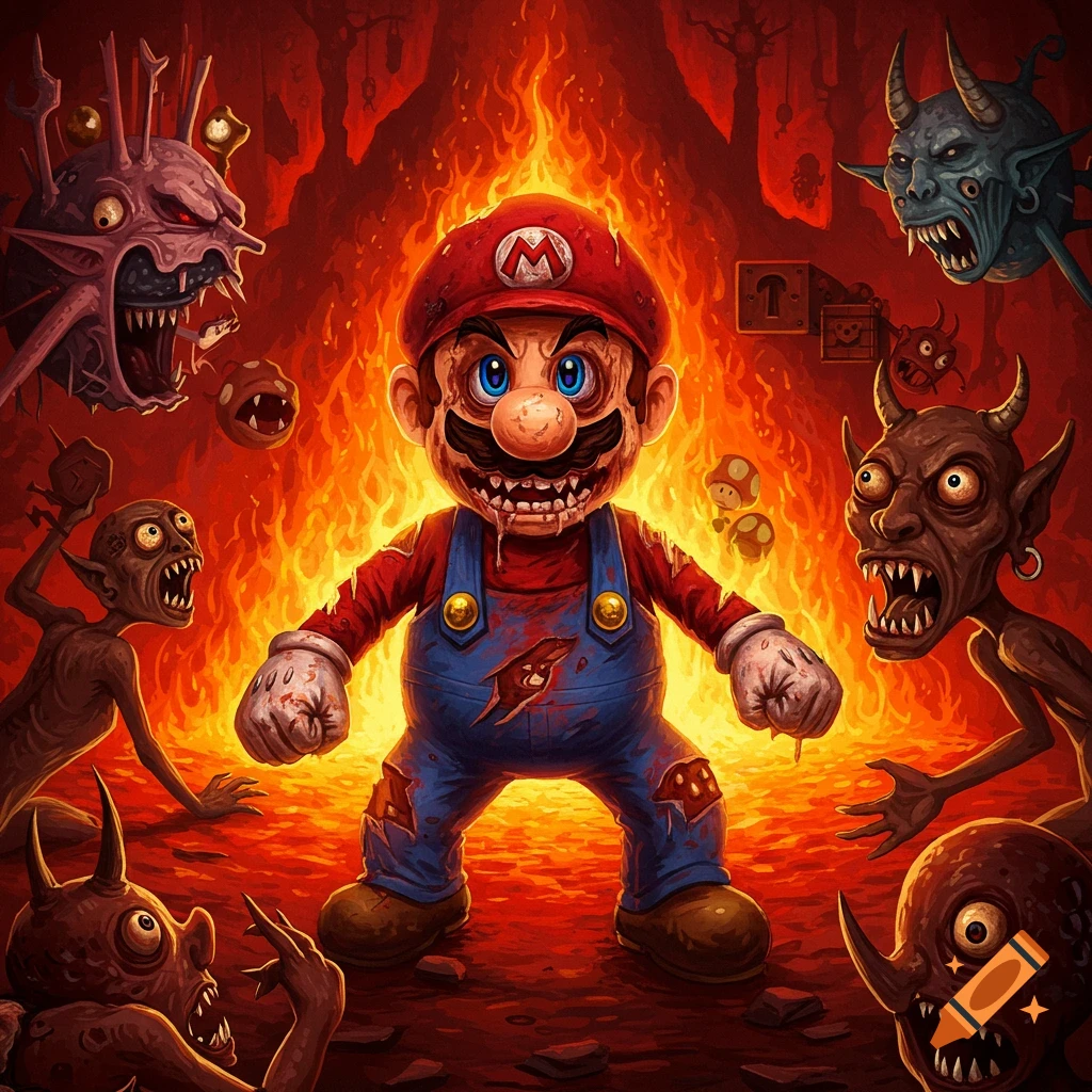 Creepy, demonic Mario in hell surrounded by grotesque demons and fire ...