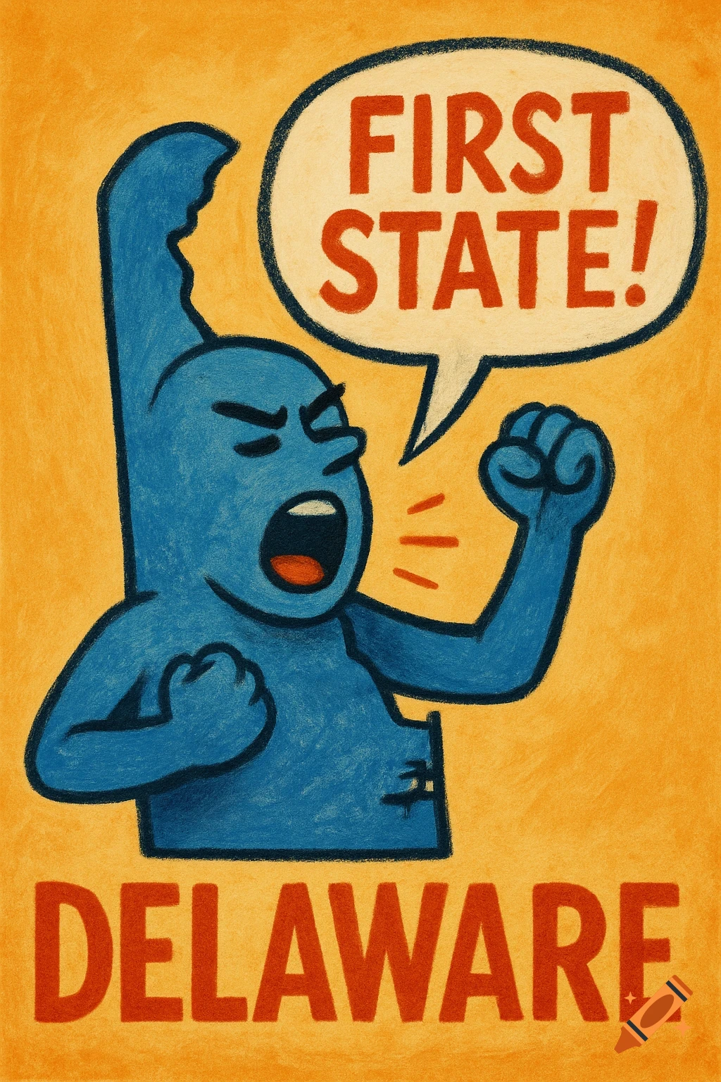 A blue cartoon character shouting FIRST STATE! with DELAWARE below. on ...