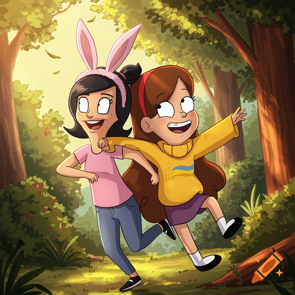 Louise Belcher and Mabel Pines running through a sunny forest in a ...