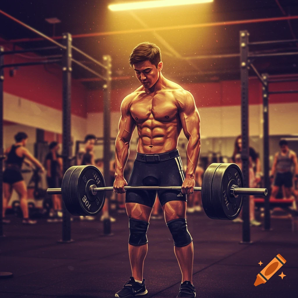 Muscular man lifting a barbell in a stylized gym scene. on Craiyon