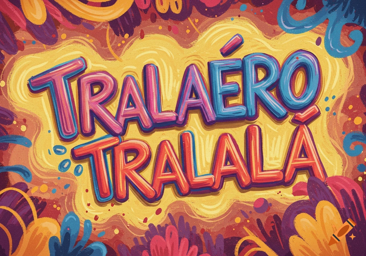 Colorful stylized text art spelling TRALAÉRO TRALALÁ on a bright abstract background. on Craiyon