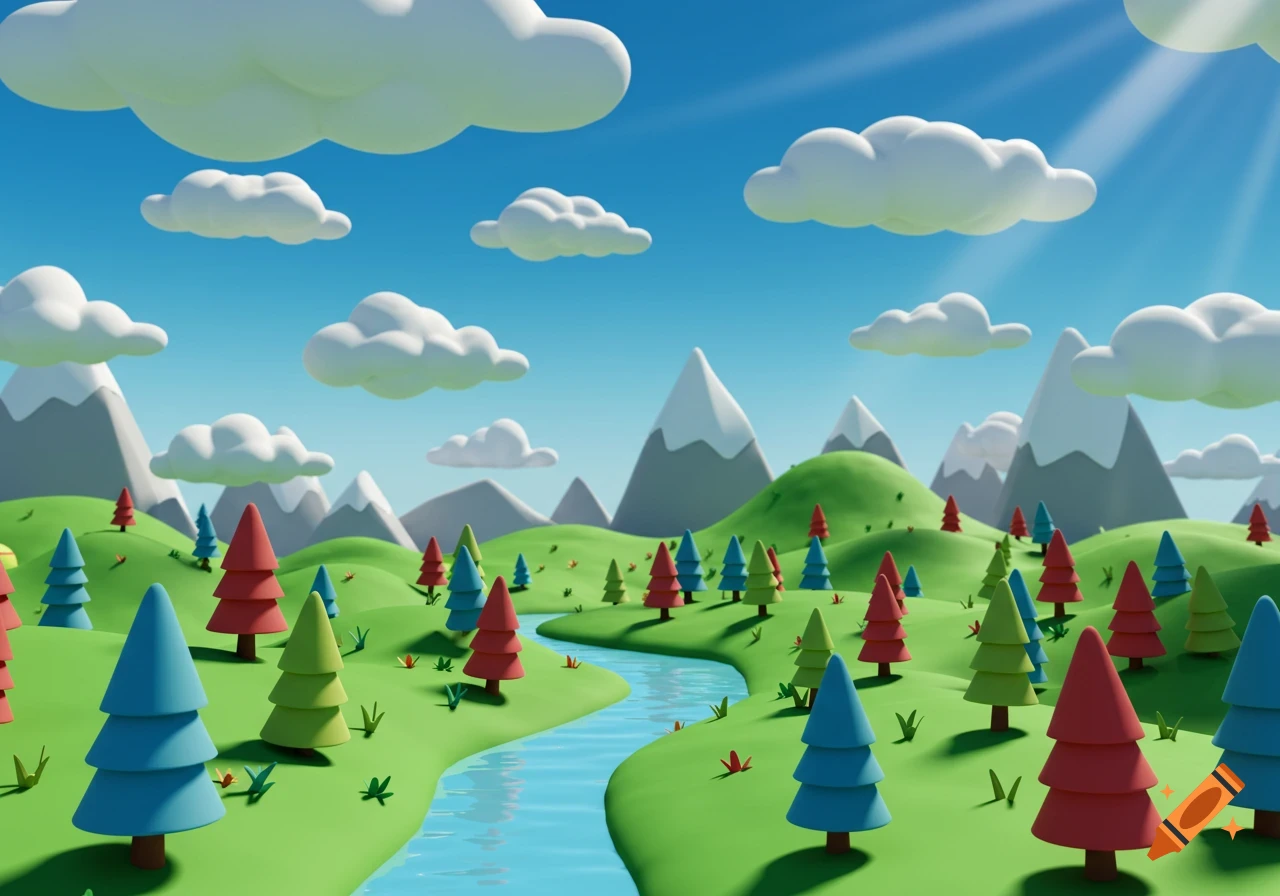 A colorful cartoon 3D landscape with a river, trees, hills, and ...