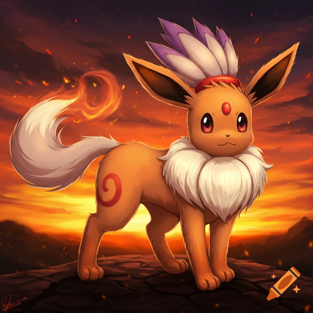 A creature resembling an Eevee with fire elements stands on rocks against a fiery sky in a ...
