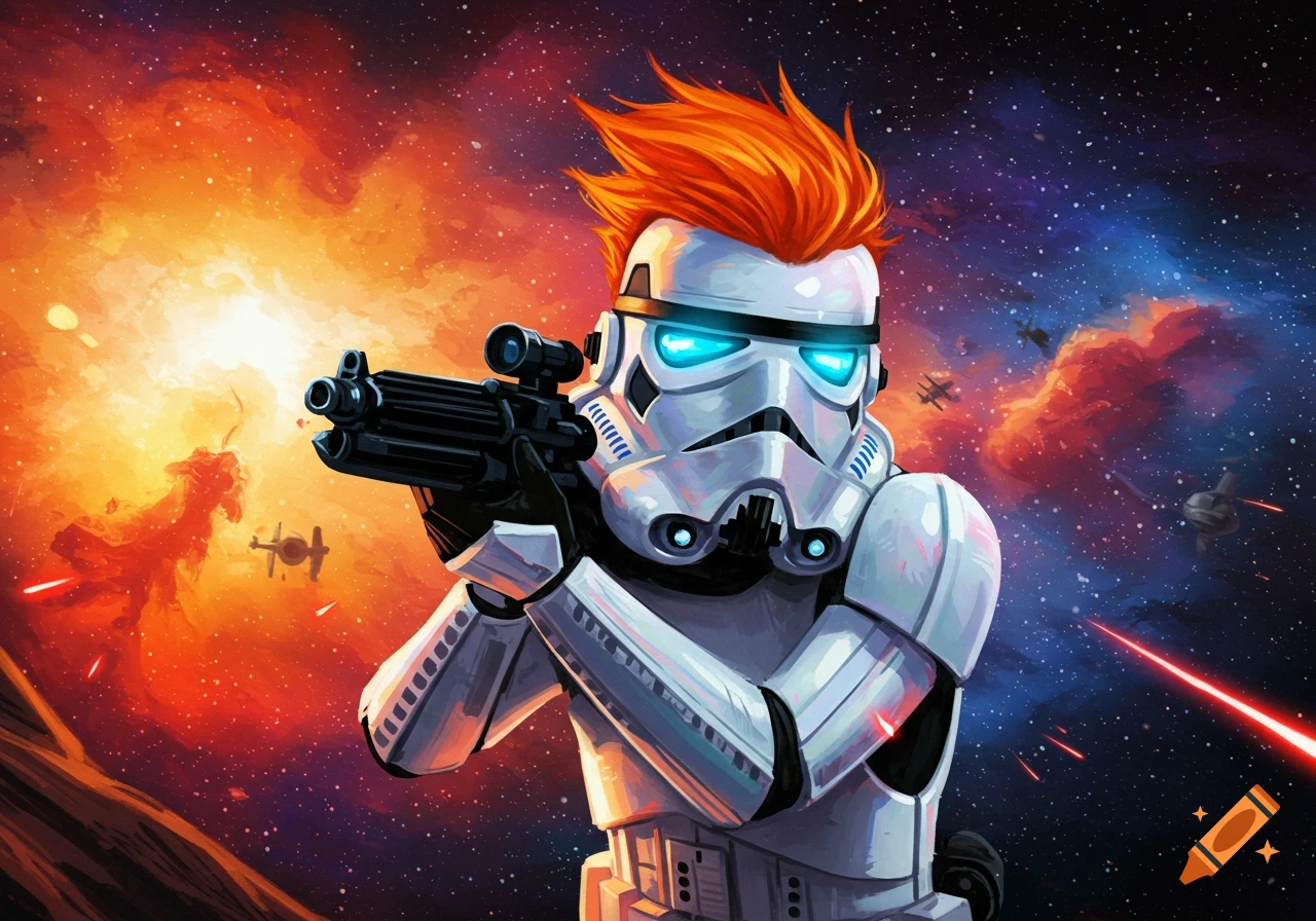 Stylized illustration of a Stormtrooper with orange hair and blue eyes ...