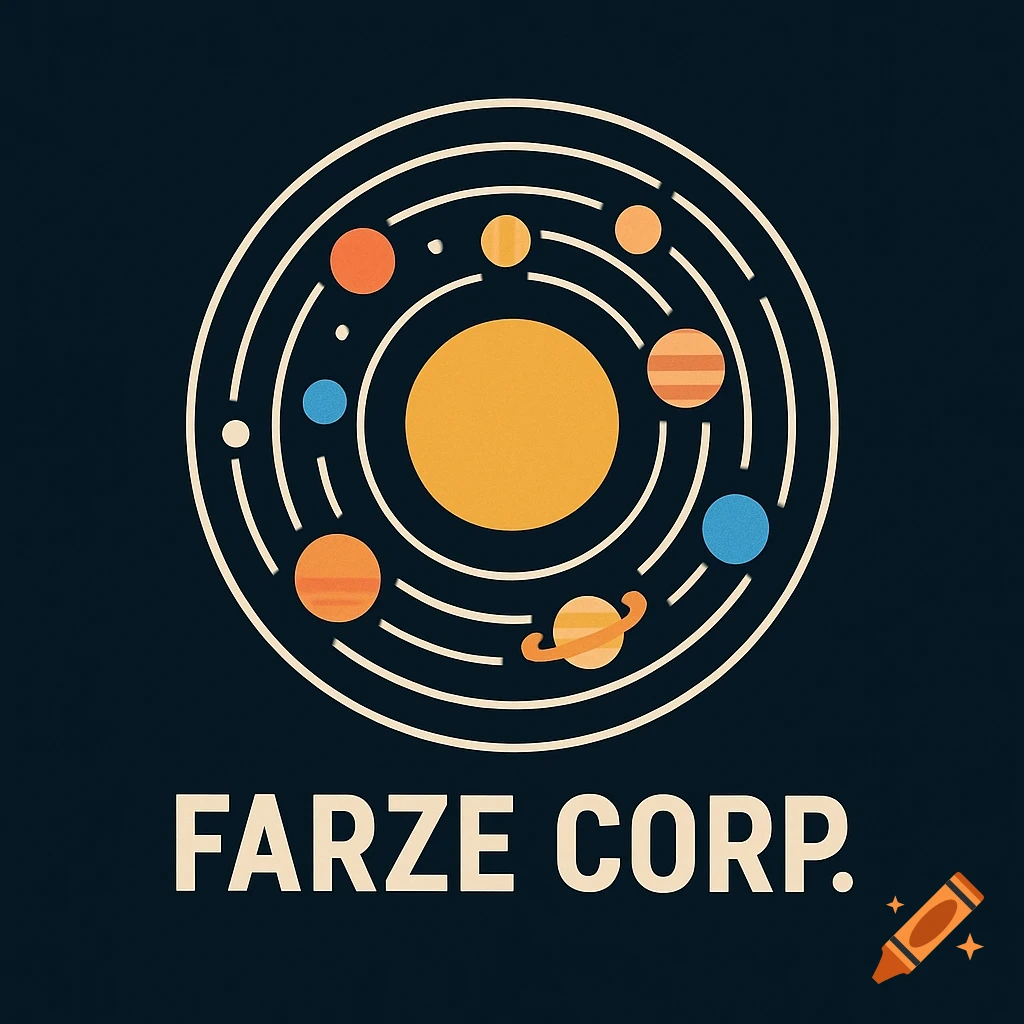 Logo featuring a stylized solar system and the text FARZE CORP. on Craiyon