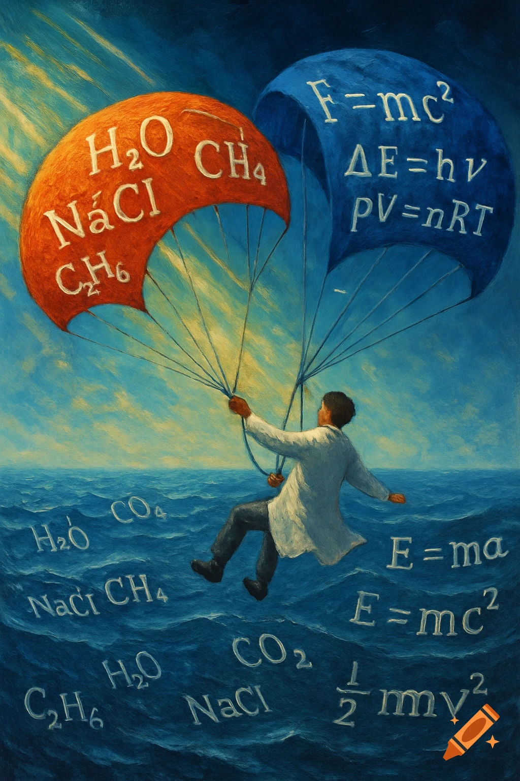 Painting of a person parasailing over an ocean covered in scientific ...