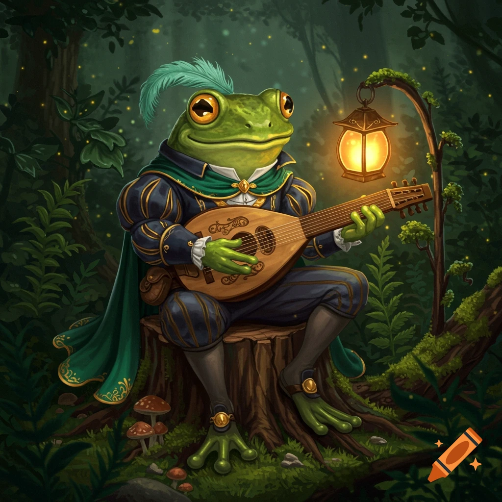 A fantasy illustration of a frog dressed as a bard playing a lute in a ...