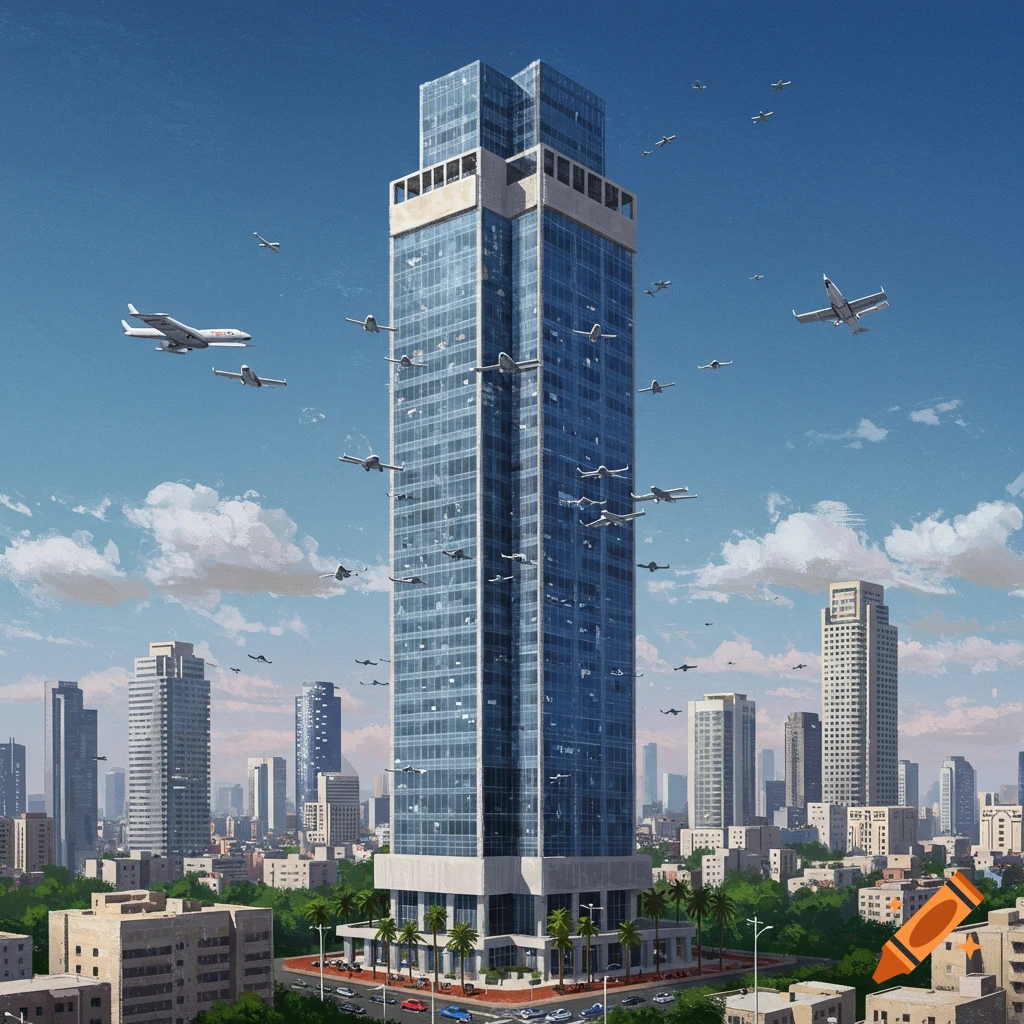 A tall skyscraper in a city skyline with many small planes flying ...